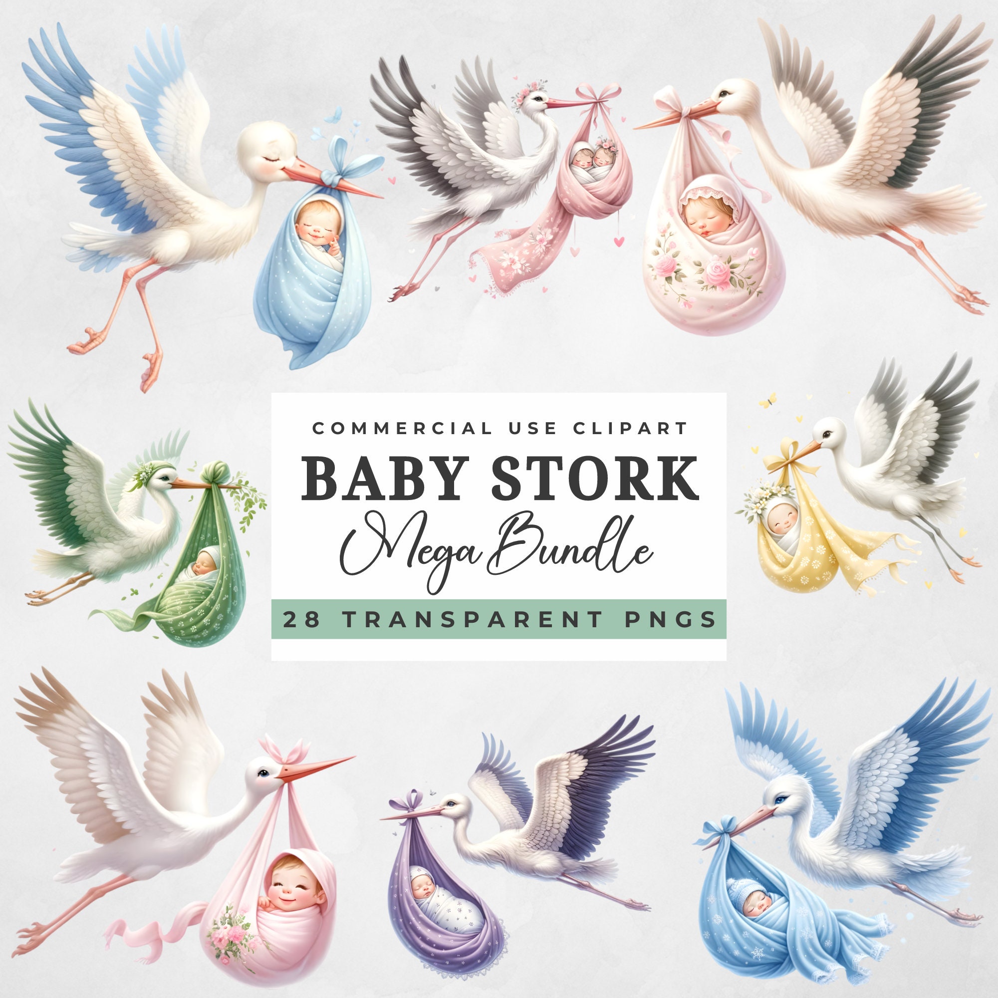 Baby Stork Delivery Clipart Mega Bundle 28 High-quality Pngs, 300dpi ...