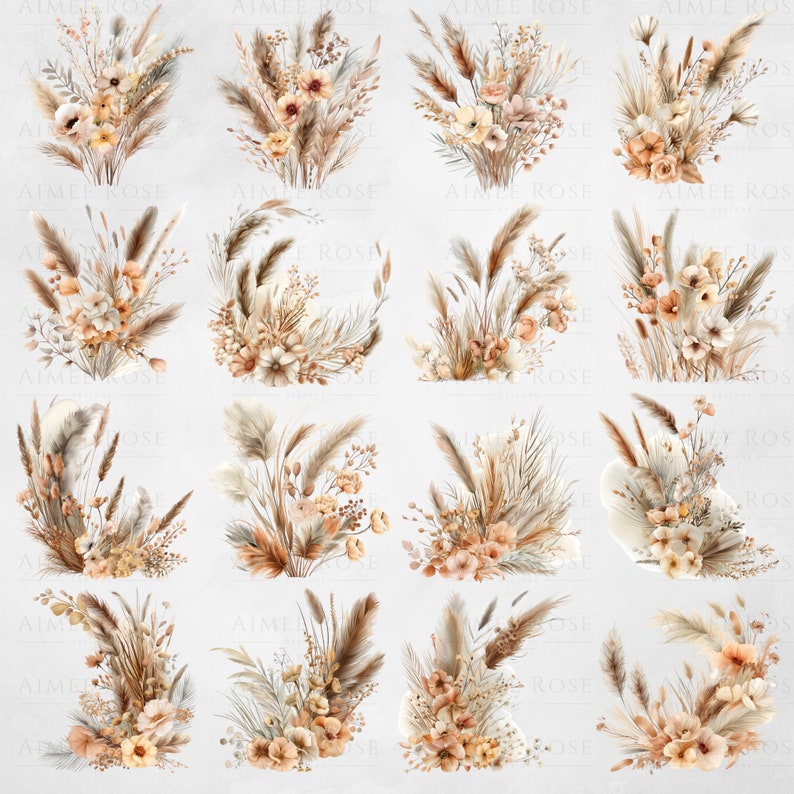 Boho Floral Clipart Pack - Neutral Tones Flower Pngs, Digital Download ...
