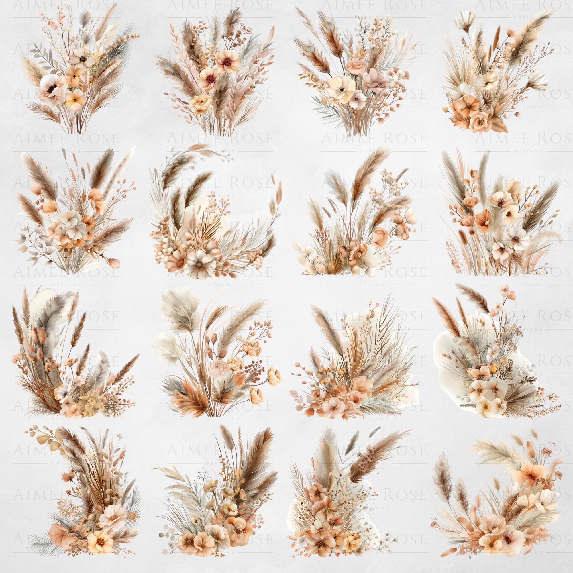 Boho Floral Clipart Pack - Neutral Tones Flower Pngs, Digital Download ...