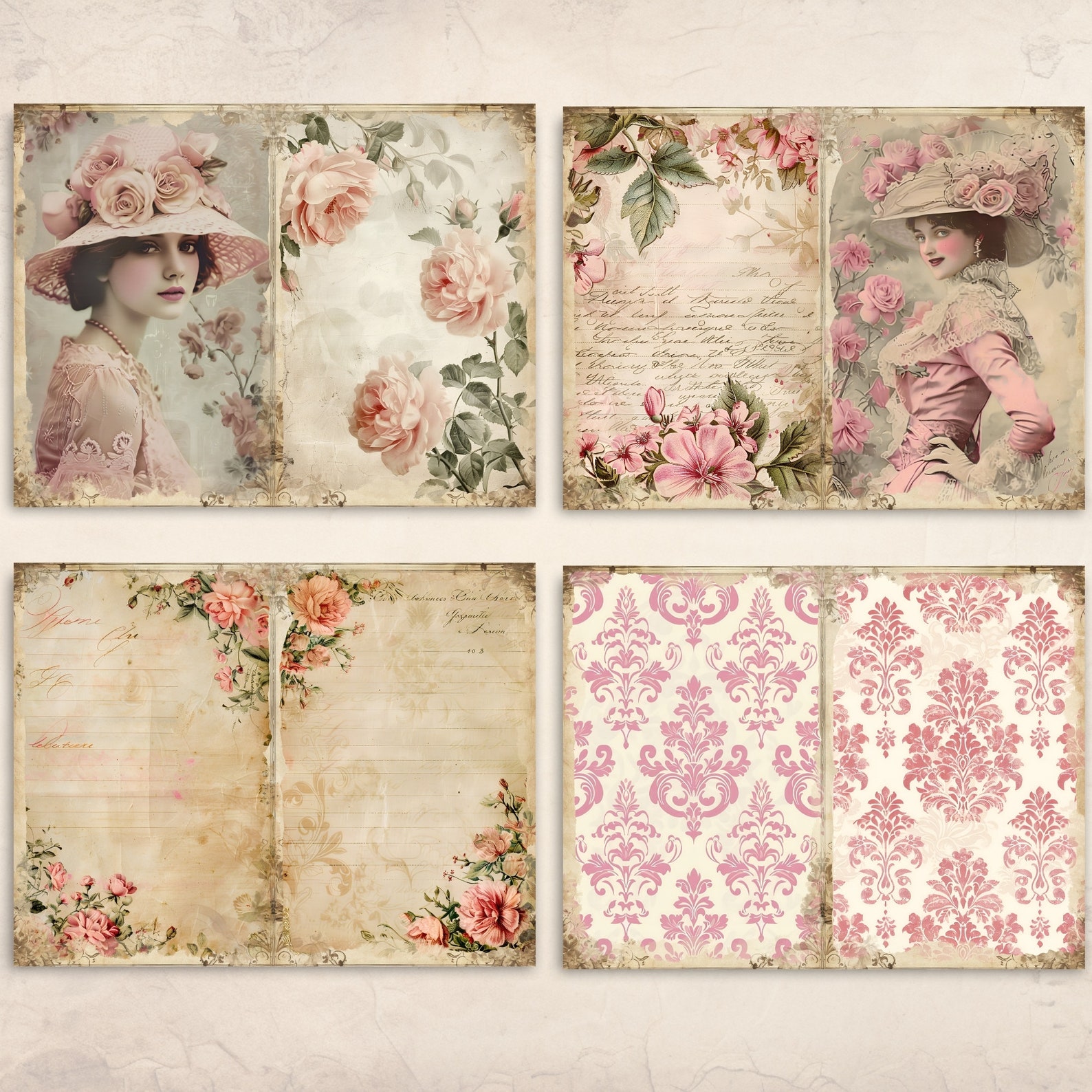 Vintage Junk Journal Kit 24 Pink Rose Digital Pages, Tags & Ephemera ...