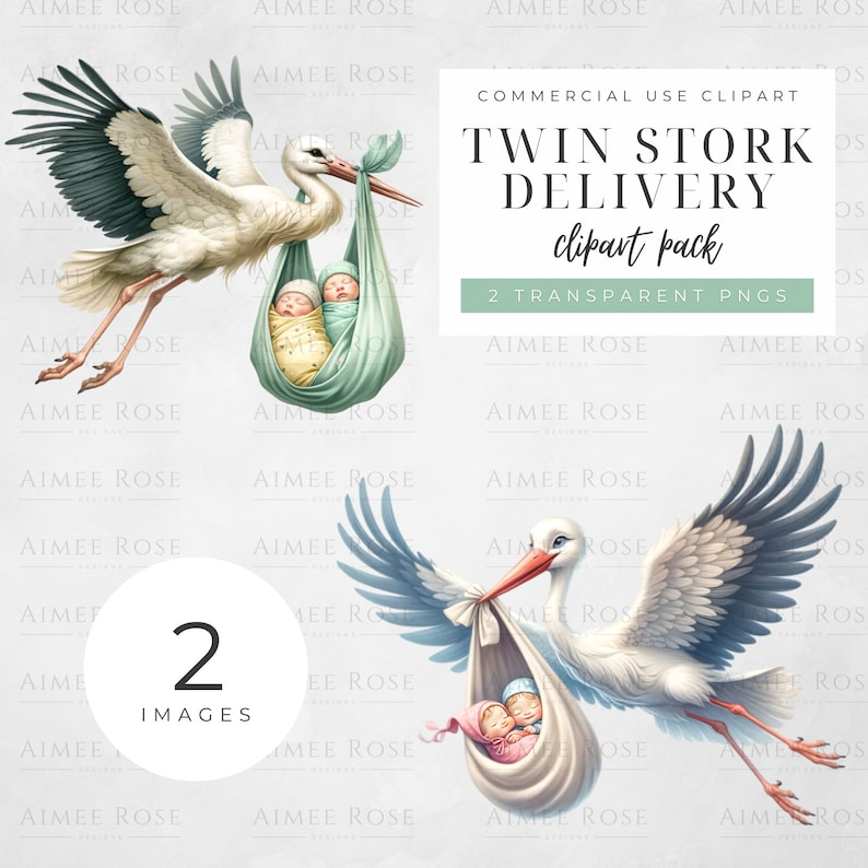 Twin Baby Stork Clipart, High Quality PNG. Nursery Art, Card Making ...