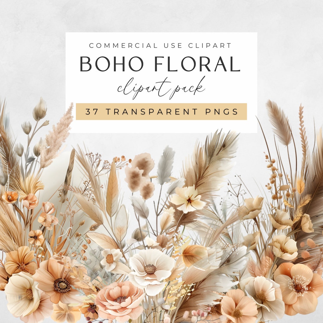 Boho Floral Clipart Pack - Neutral Tones Flower Pngs, Digital Download ...