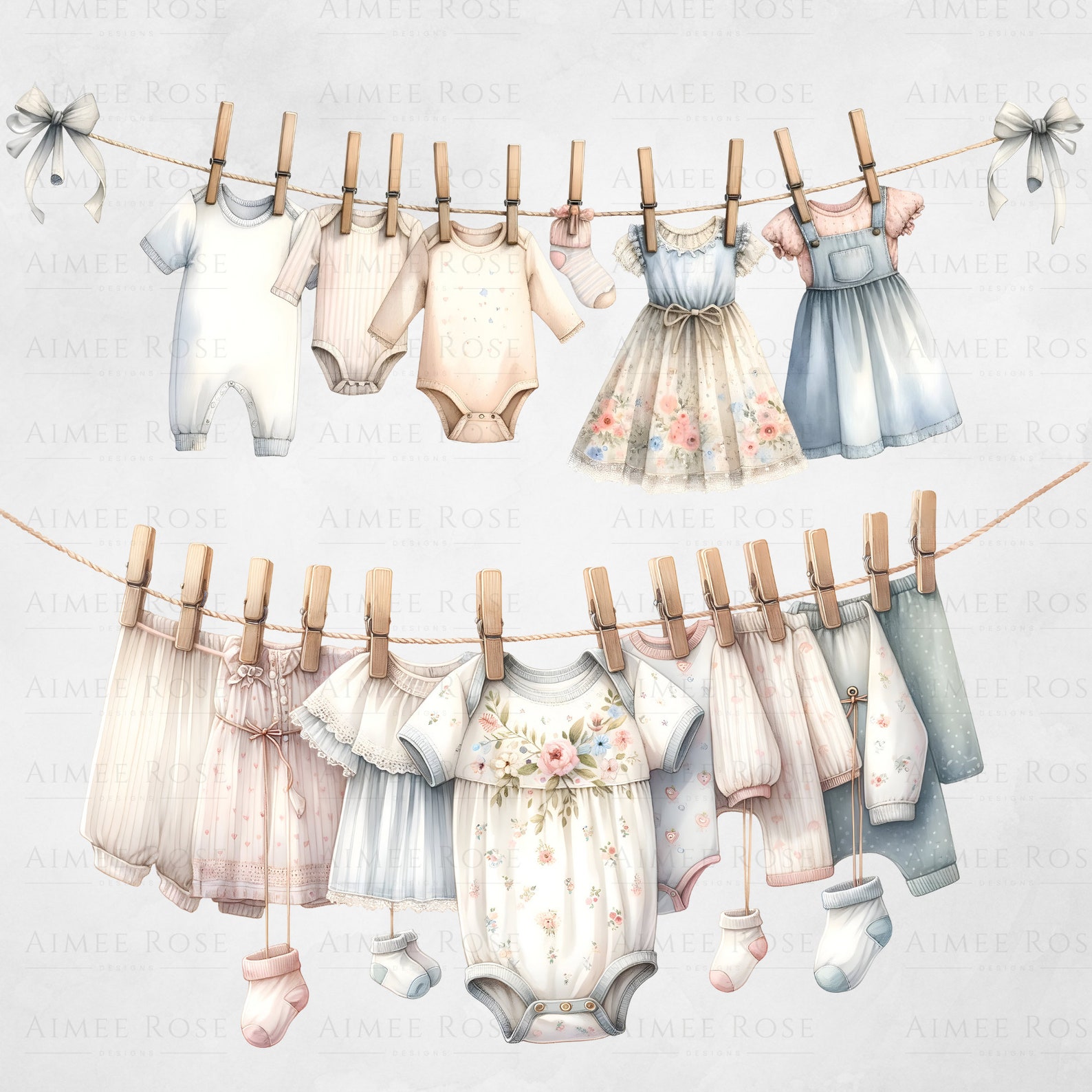 10 Shabby Chic Watercolor Clothes Line Clipart | Baby Clothes, DIY ...