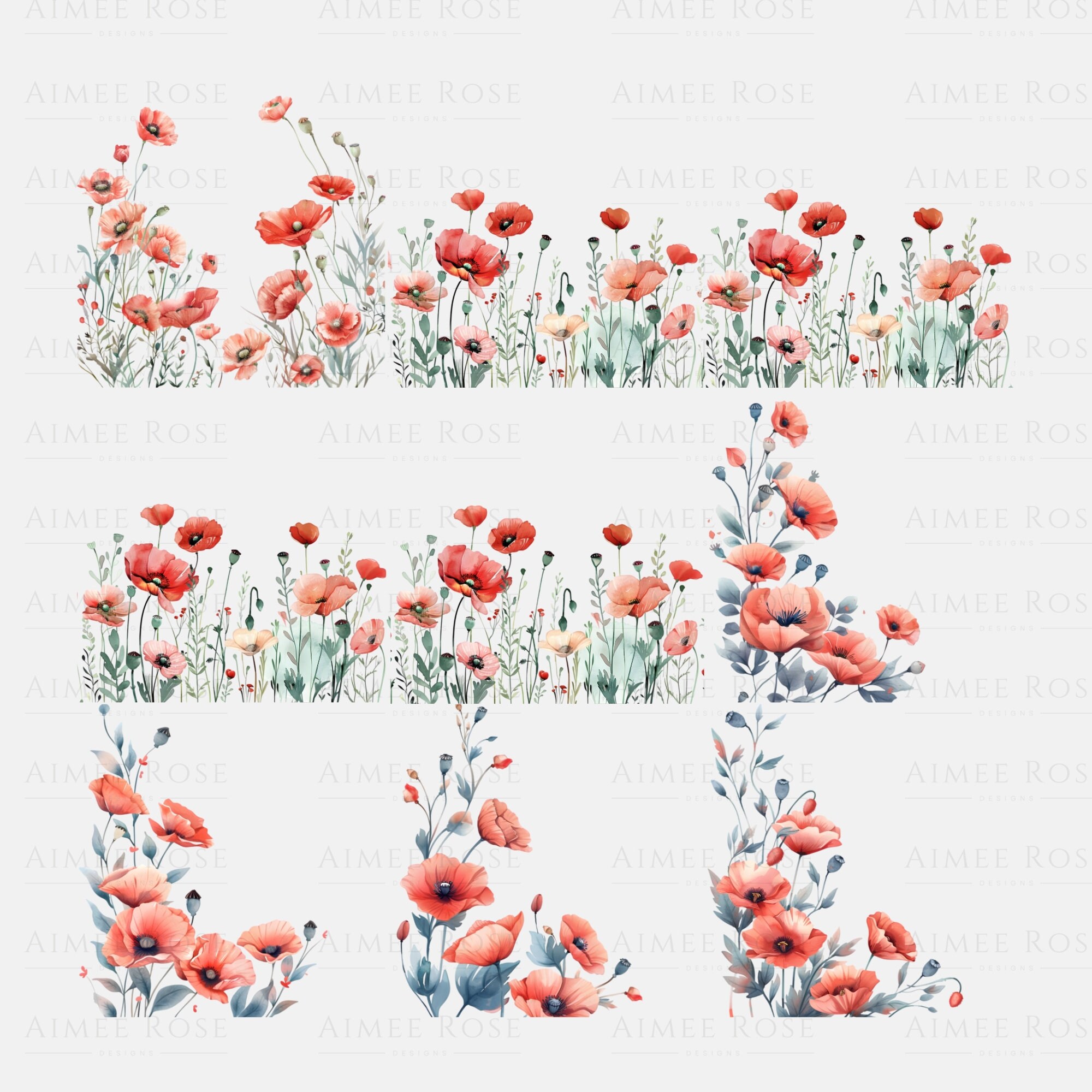Wild Poppy Floral Borders - Transparent Clipart, 40 Pngs, Invitations ...