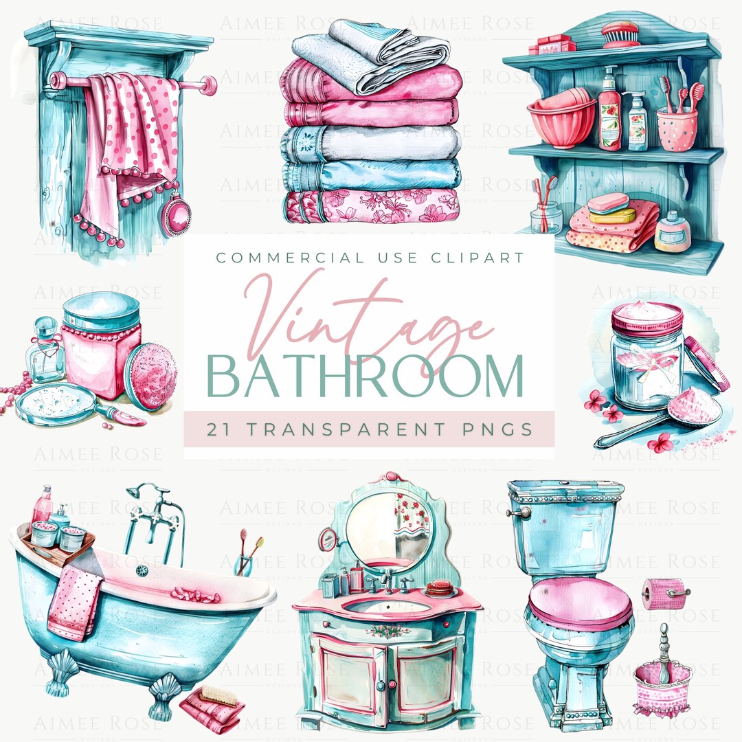 Vintage Bathroom Clipart Bundle - 21 PNG Transparent Images, 300 DPI High-resolution, Retro ...