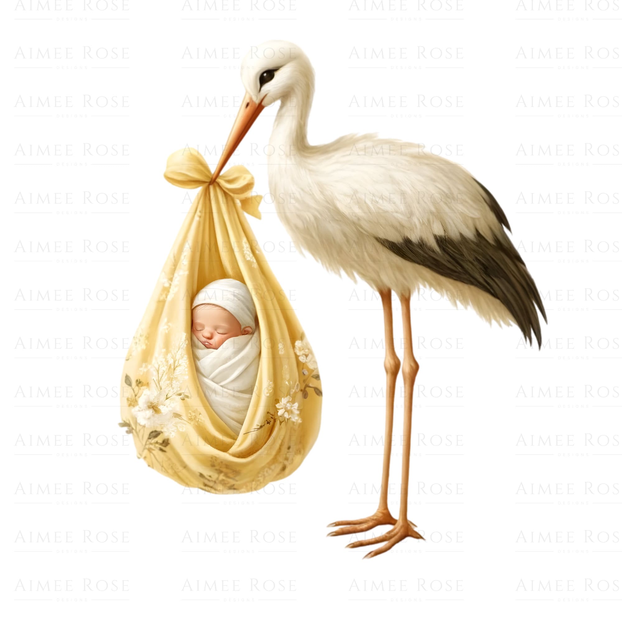 Gender Neutral Stork Delivery Clipart - Baby Reveal Illustration ...