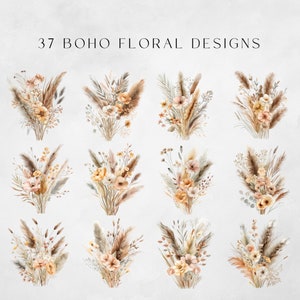 Boho Floral Clipart Pack - Neutral Tones Flower Pngs, Digital Download ...