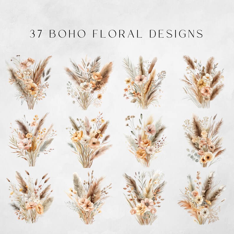 Boho Floral Clipart Pack - Neutral Tones Flower Pngs, Digital Download ...