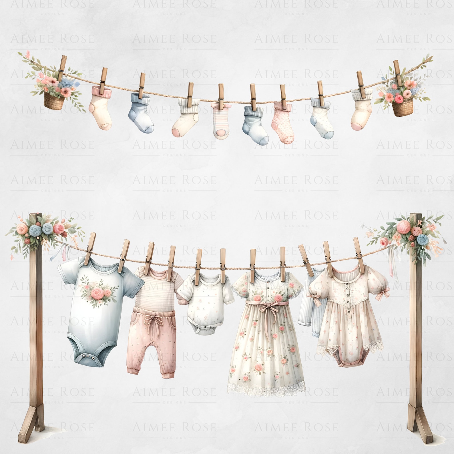 10 Shabby Chic Watercolor Clothes Line Clipart | Baby Clothes, DIY ...