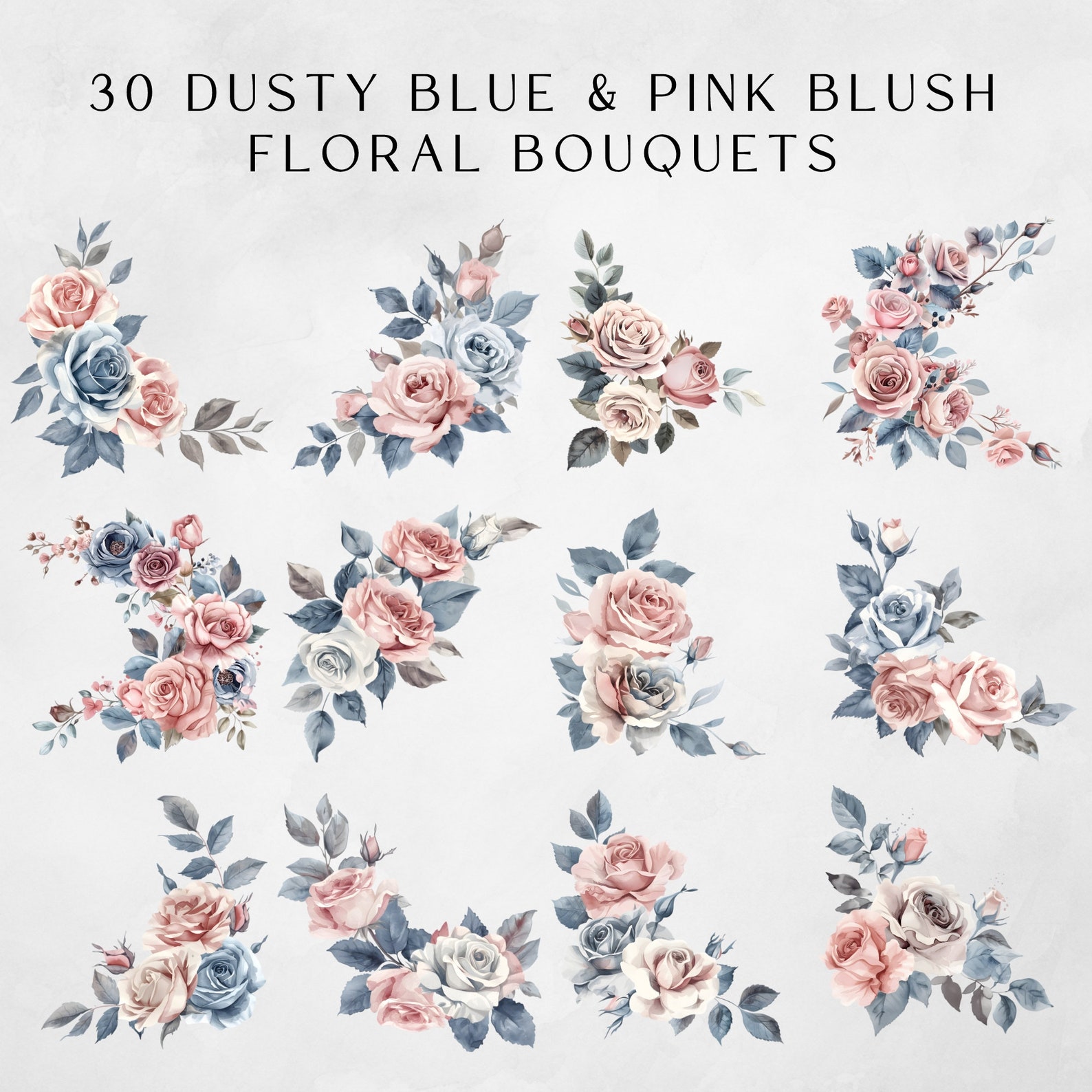 Dusty Blue & Blush Pink Floral Clipart and Digital Papers, High ...