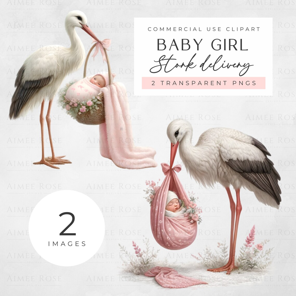Stork Delivery Clipart - Baby Girl Announcement, Newborn Illustration ...