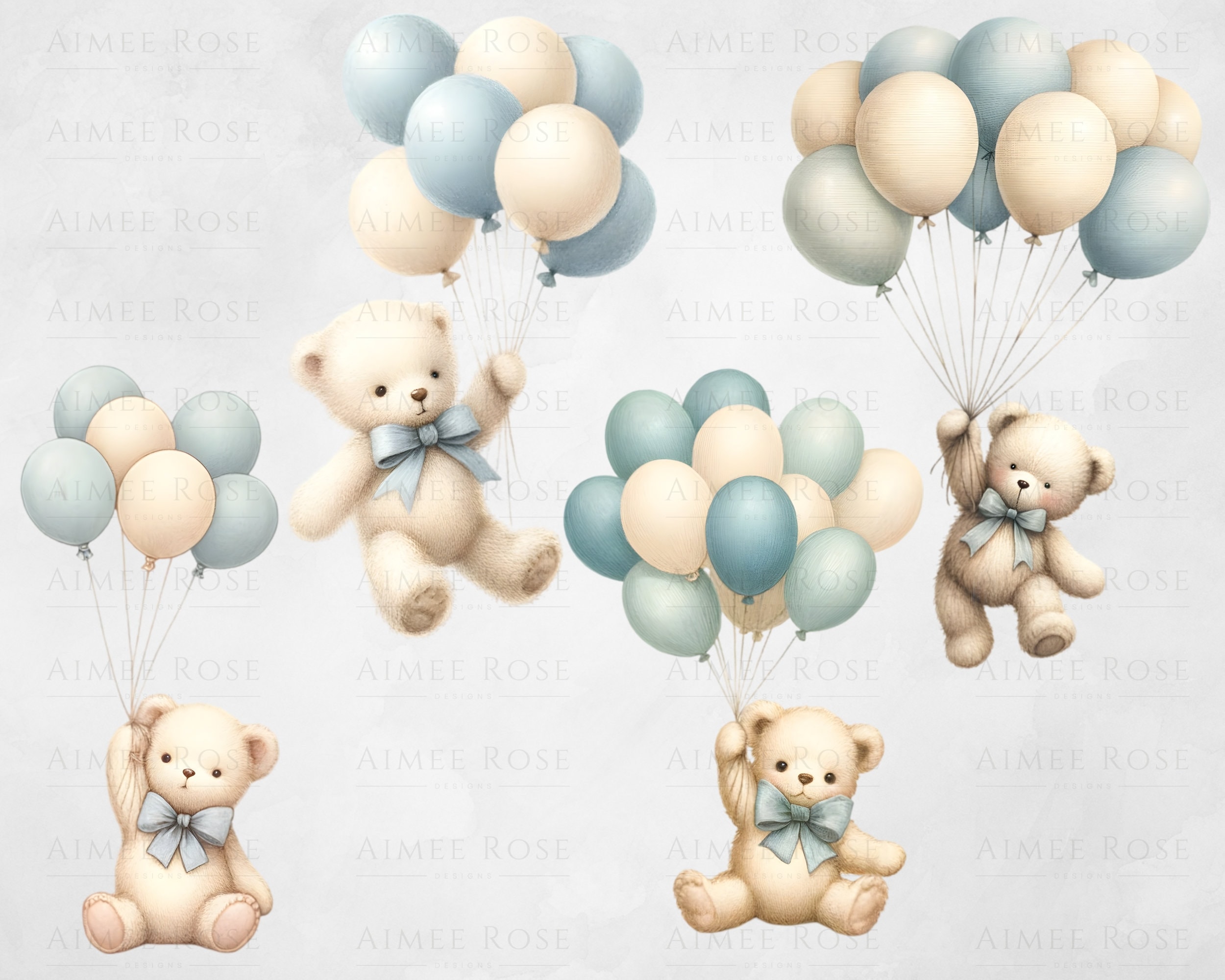 Watercolour Teddy Bear Clipart With Balloons - Blue and Cream - 14 Pngs ...