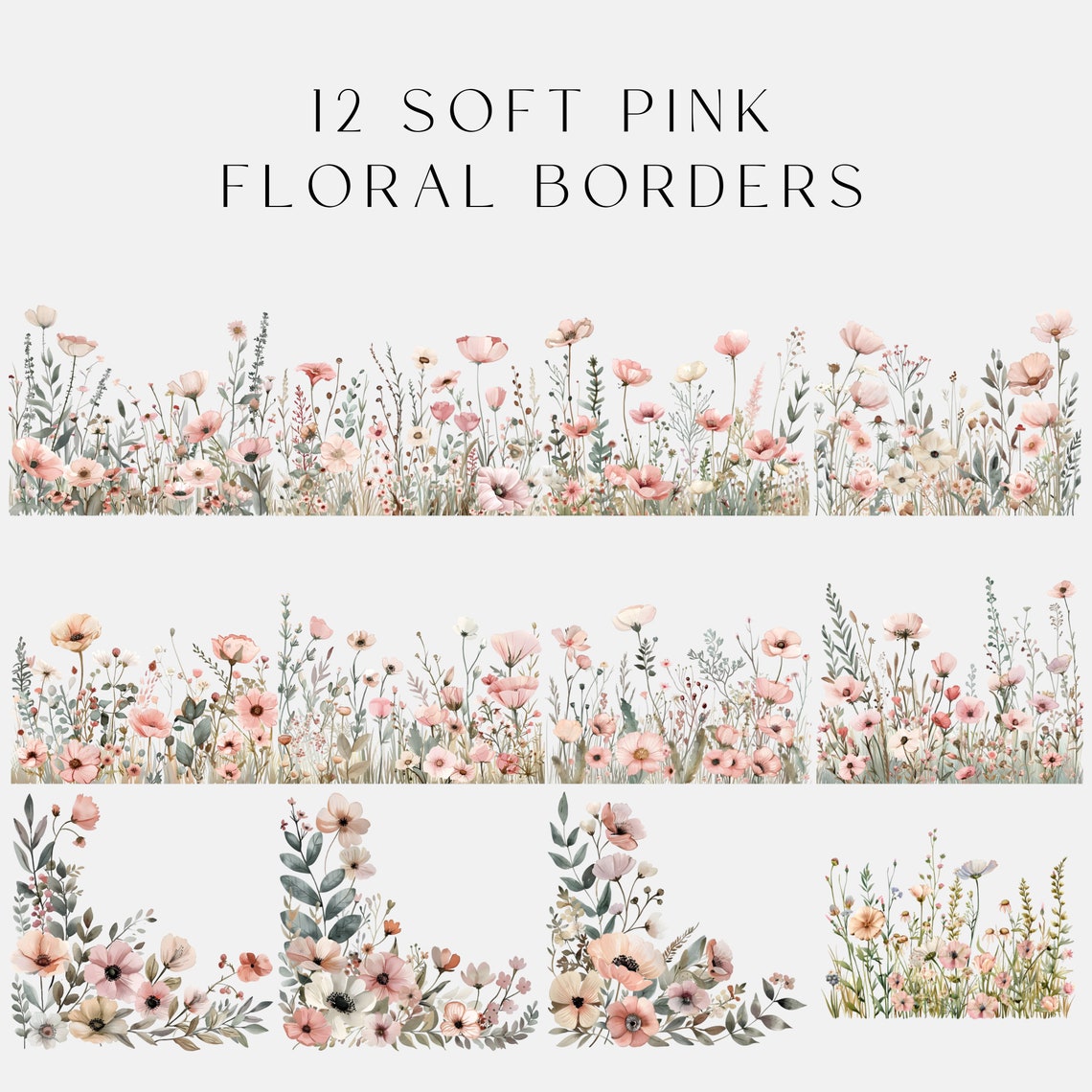 Wildflower Floral Borders Clipart - Soft Pink Flower Pngs, Digital ...