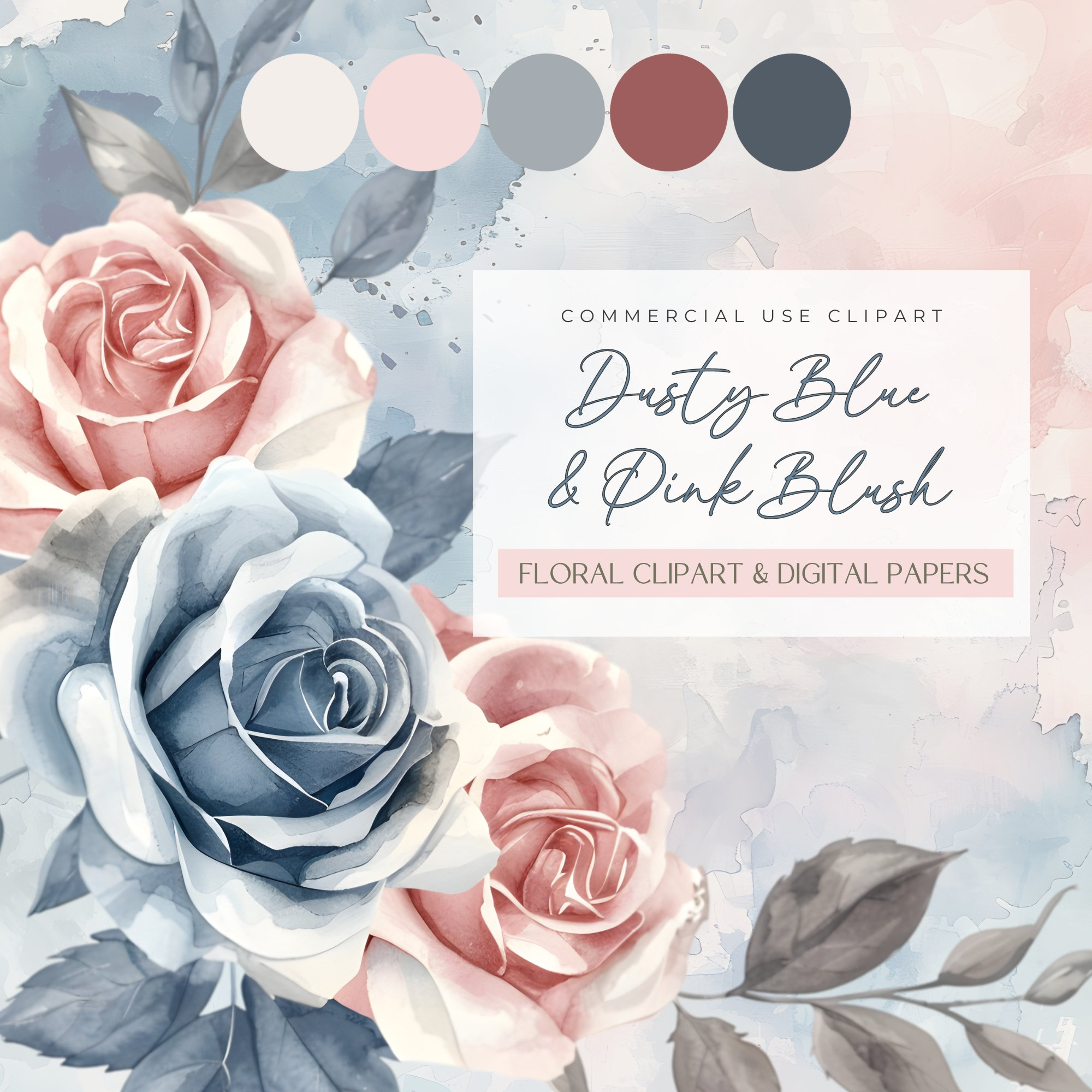 Dusty Blue & Blush Pink Floral Clipart and Digital Papers, High ...