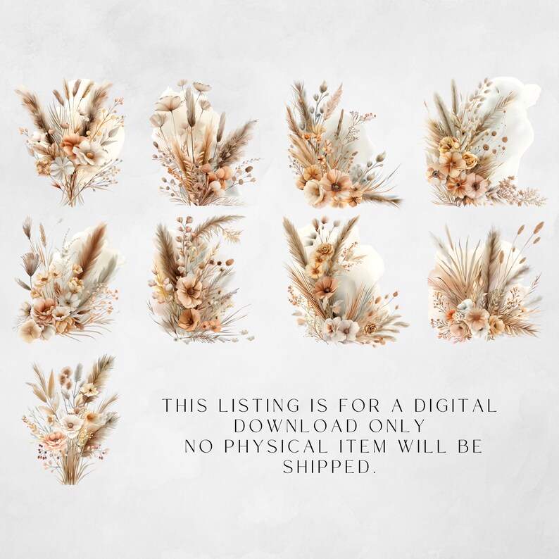 Boho Floral Clipart Pack - Neutral Tones Flower Pngs, Digital Download ...
