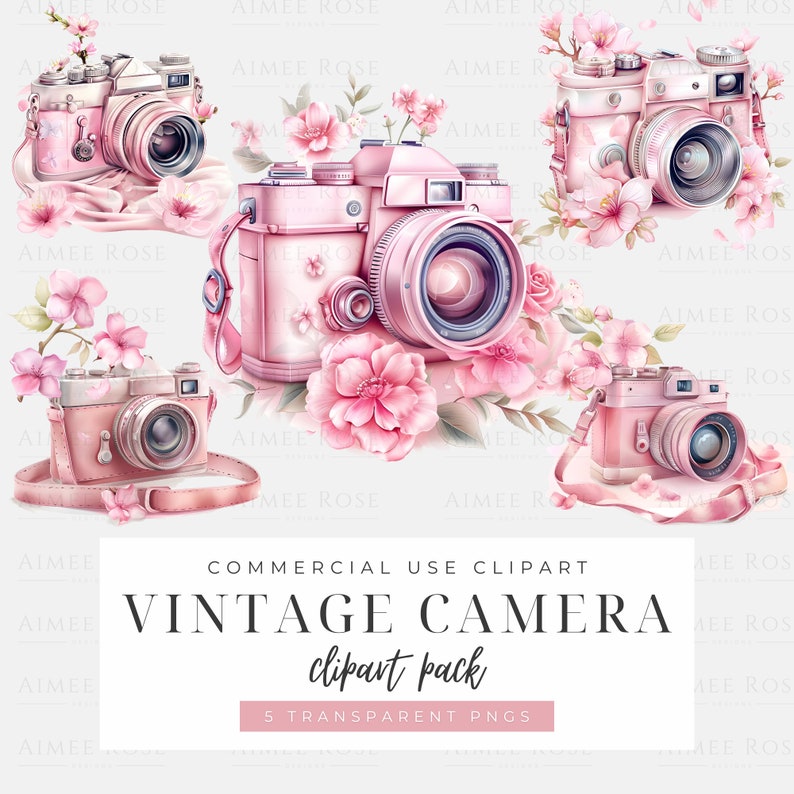 Vintage Camera Clipart Set - Pink Floral Cameras PNG, High-res Digital ...