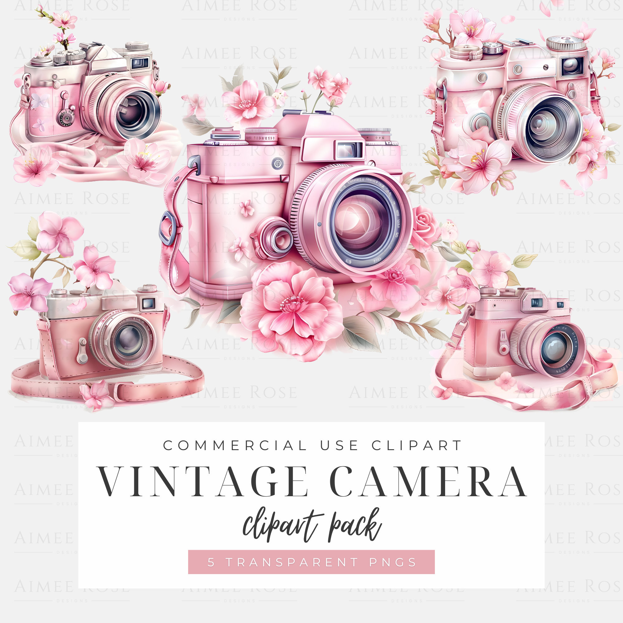 Vintage Camera Clipart Set - Pink Floral Cameras PNG, High-res Digital ...