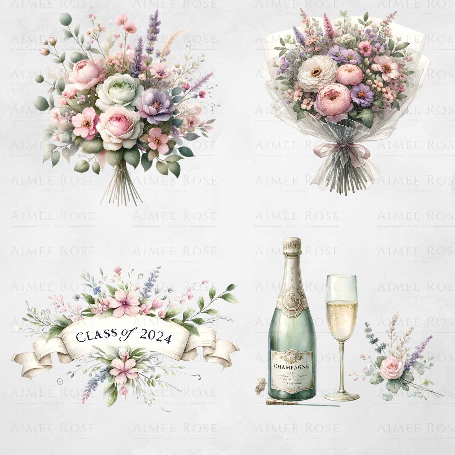 16 Shabby Chic Graduation Clipart Pack | Class of 2024 | Watercolour ...