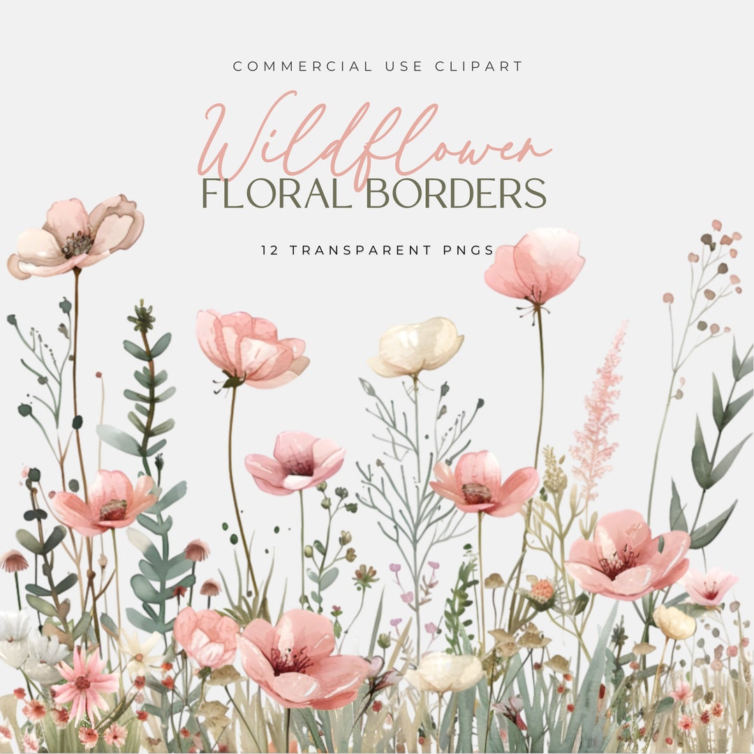 Wildflower Floral Borders Clipart - Soft Pink Flower Pngs, Digital ...