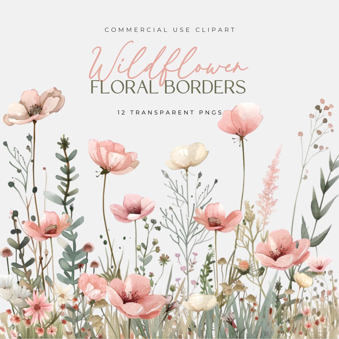Wildflower Floral Borders Clipart - Soft Pink Flower Pngs, Digital ...