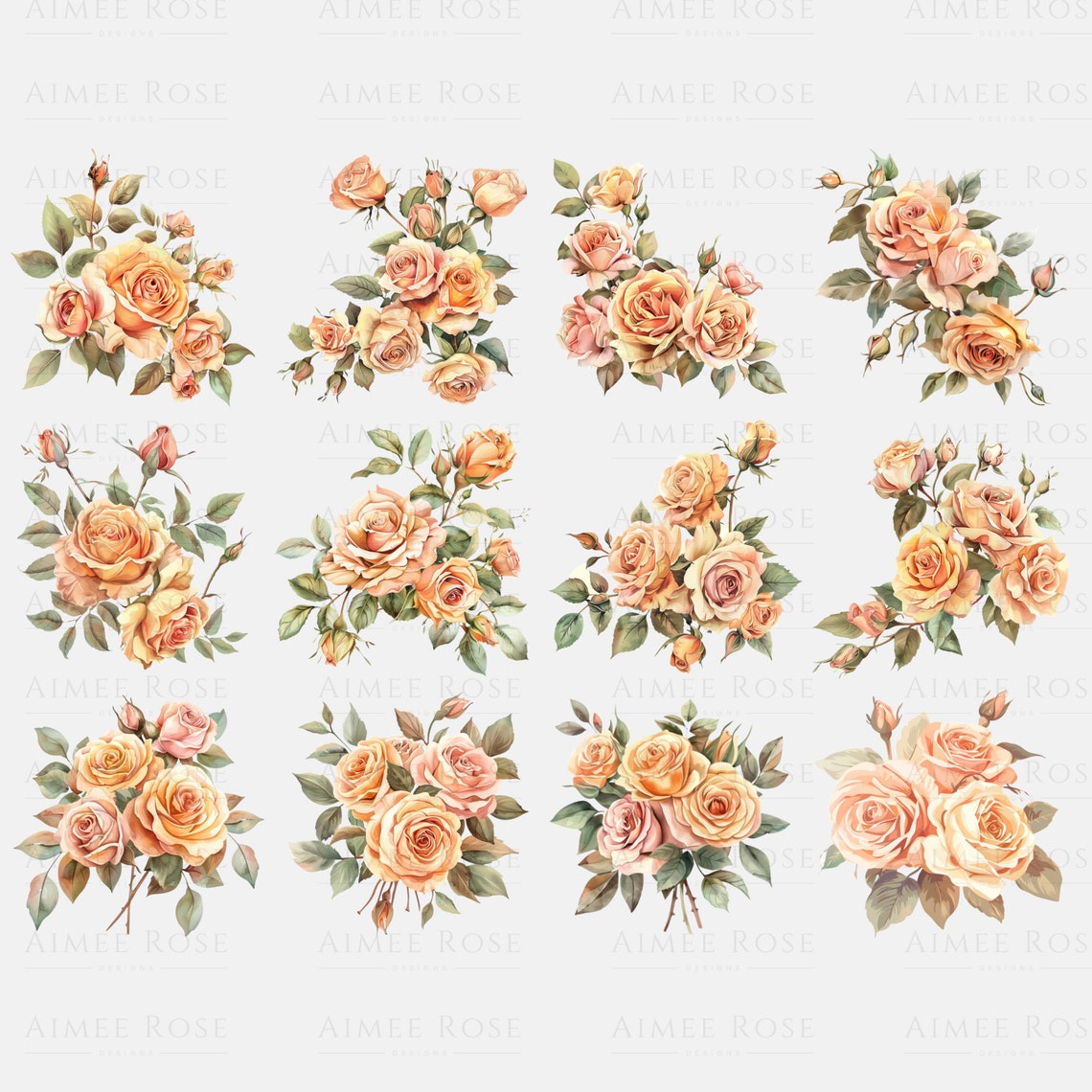 Peach Rose Clipart Pack Floral Bouquet Pngs, Transparent Background ...