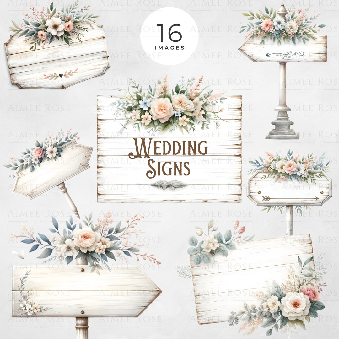 16 Wedding Signs Clipart Bundle Shabby Chic Style | Rustic Floral PNG ...