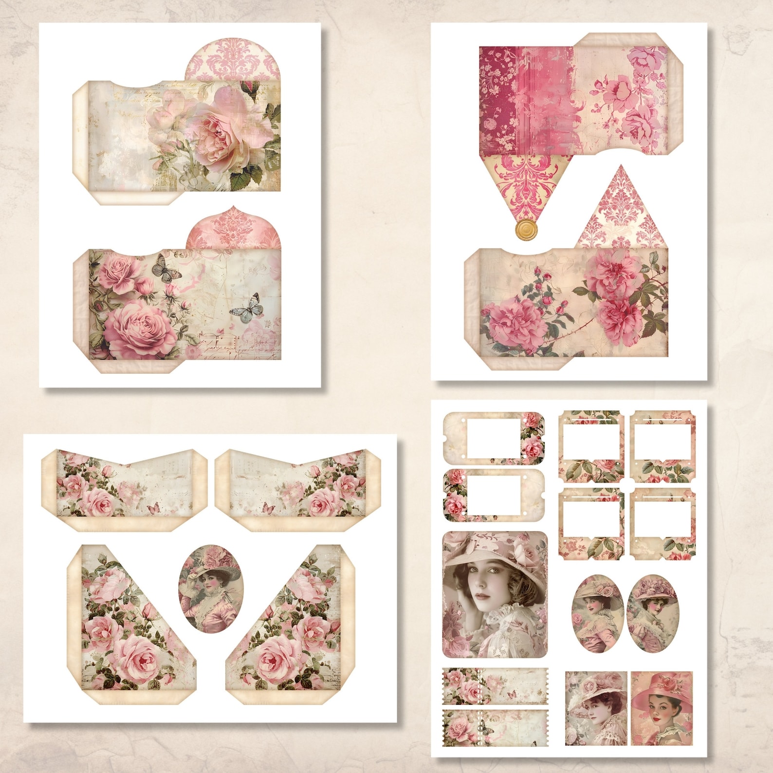 Vintage Junk Journal Kit 24 Pink Rose Digital Pages, Tags & Ephemera ...