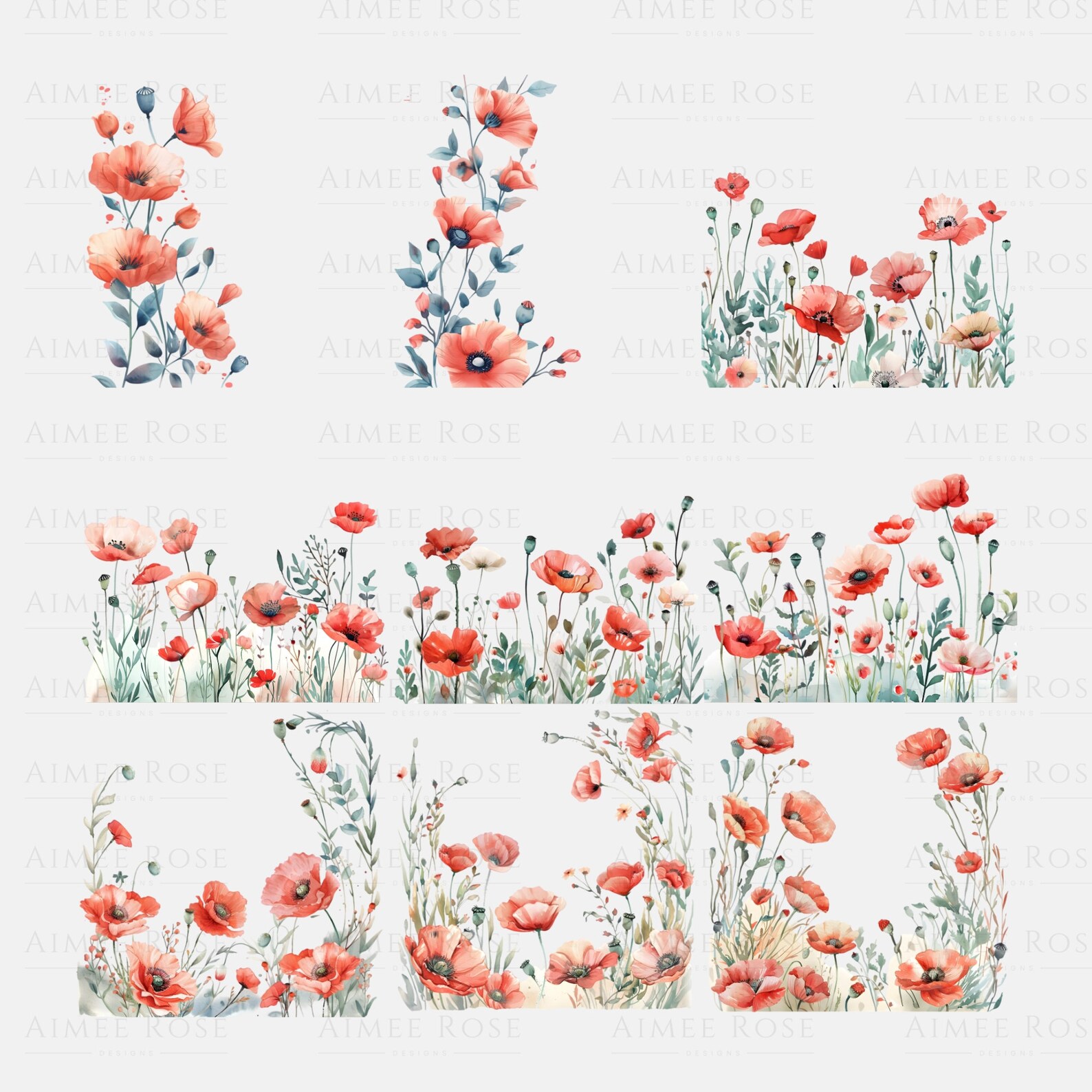 Wild Poppy Floral Borders - Transparent Clipart, 40 Pngs, Invitations ...
