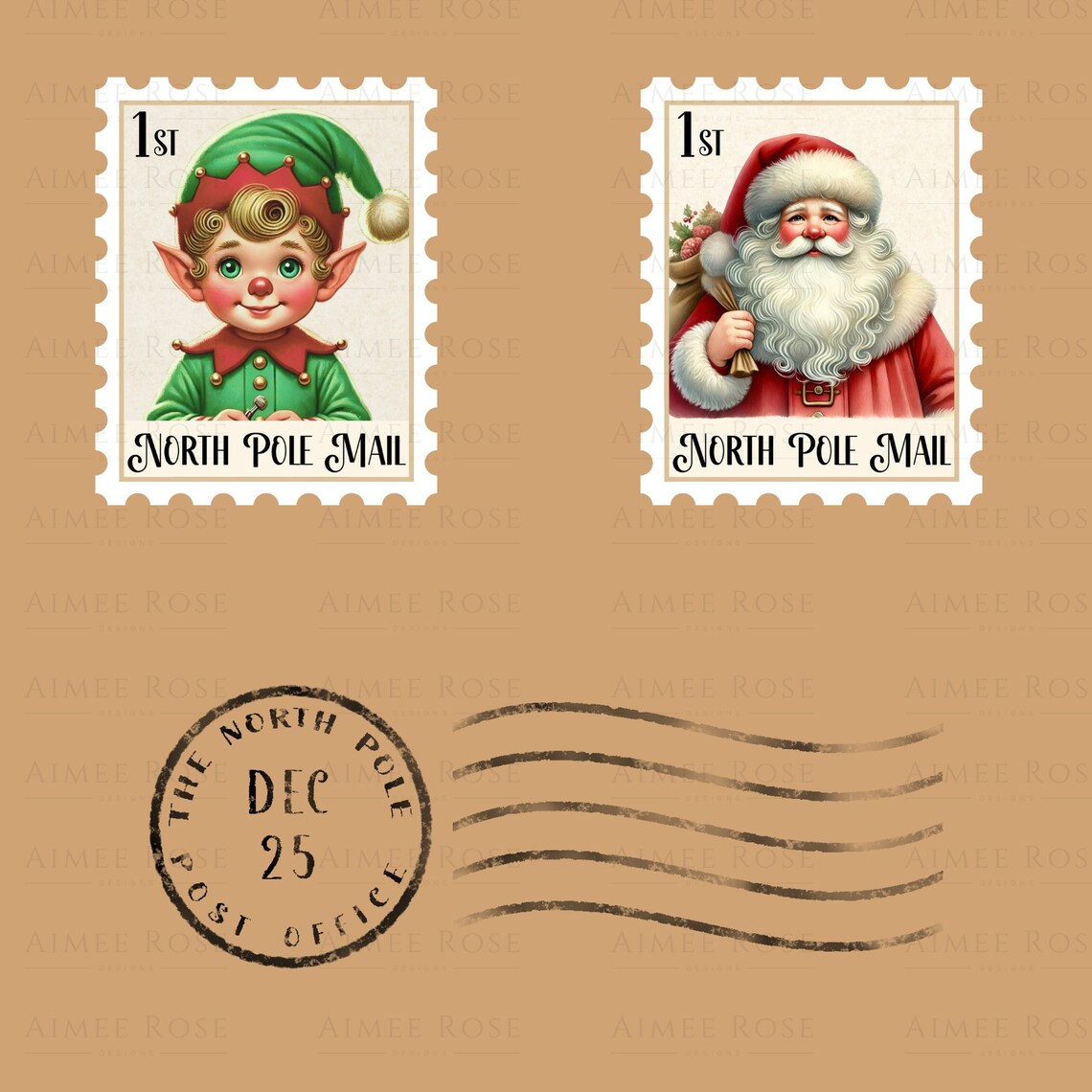 Digital Christmas Postage Stamps PNG - Santa Claus, Mrs Claus, Elves ...