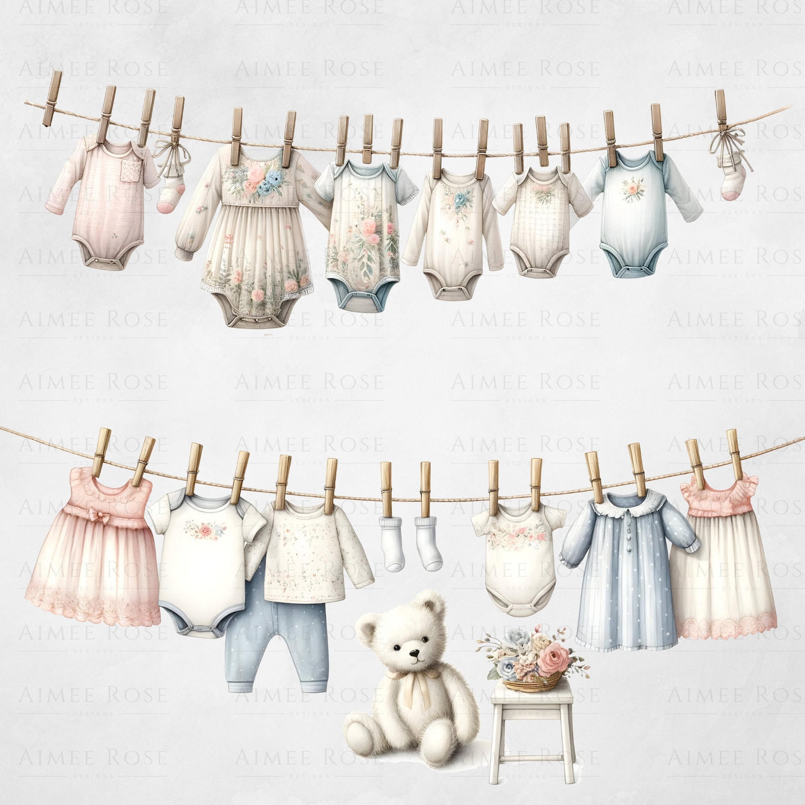 10 Shabby Chic Watercolor Clothes Line Clipart | Baby Clothes, DIY ...
