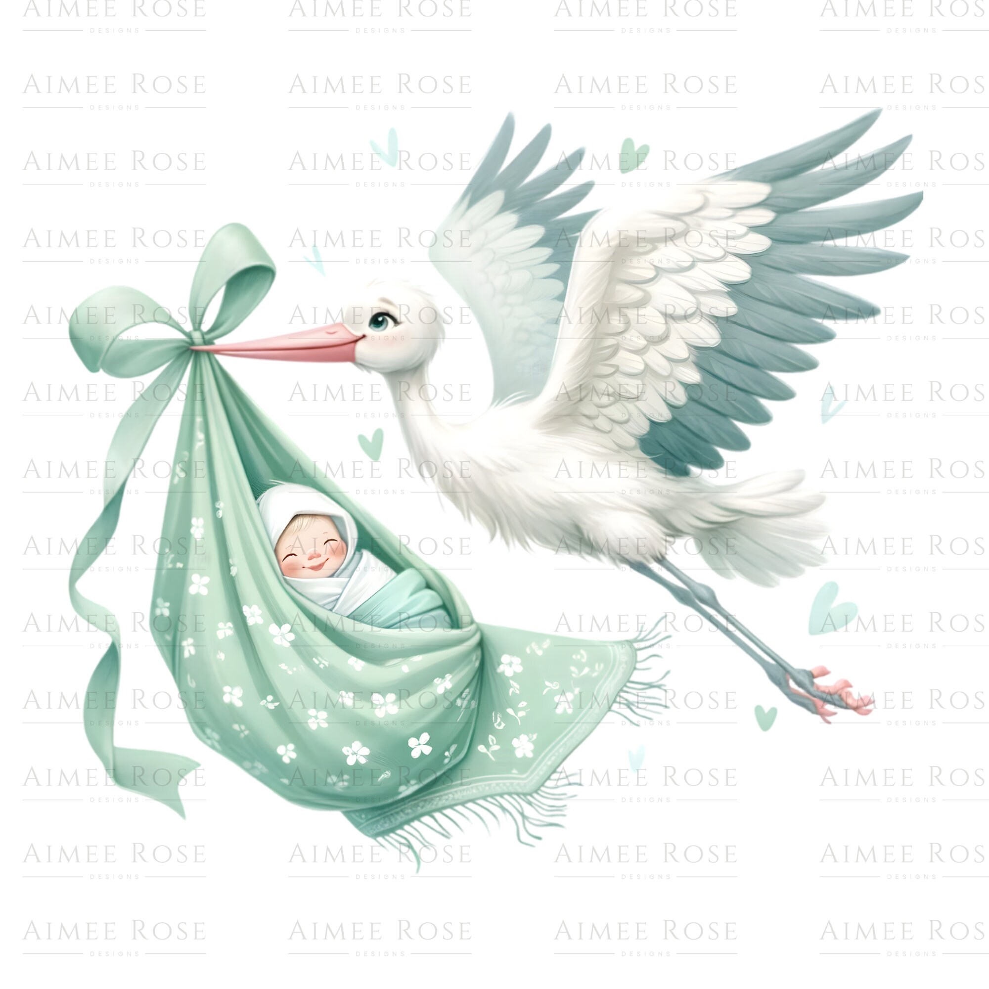 Gender Neutral Baby Stork Clipart, High Quality PNG. Nursery Art, Card ...