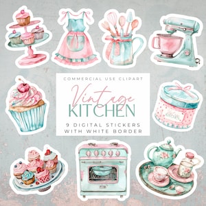 Vintage Kitchen Clipart Collection | 9 Printable Digital Stickers ...