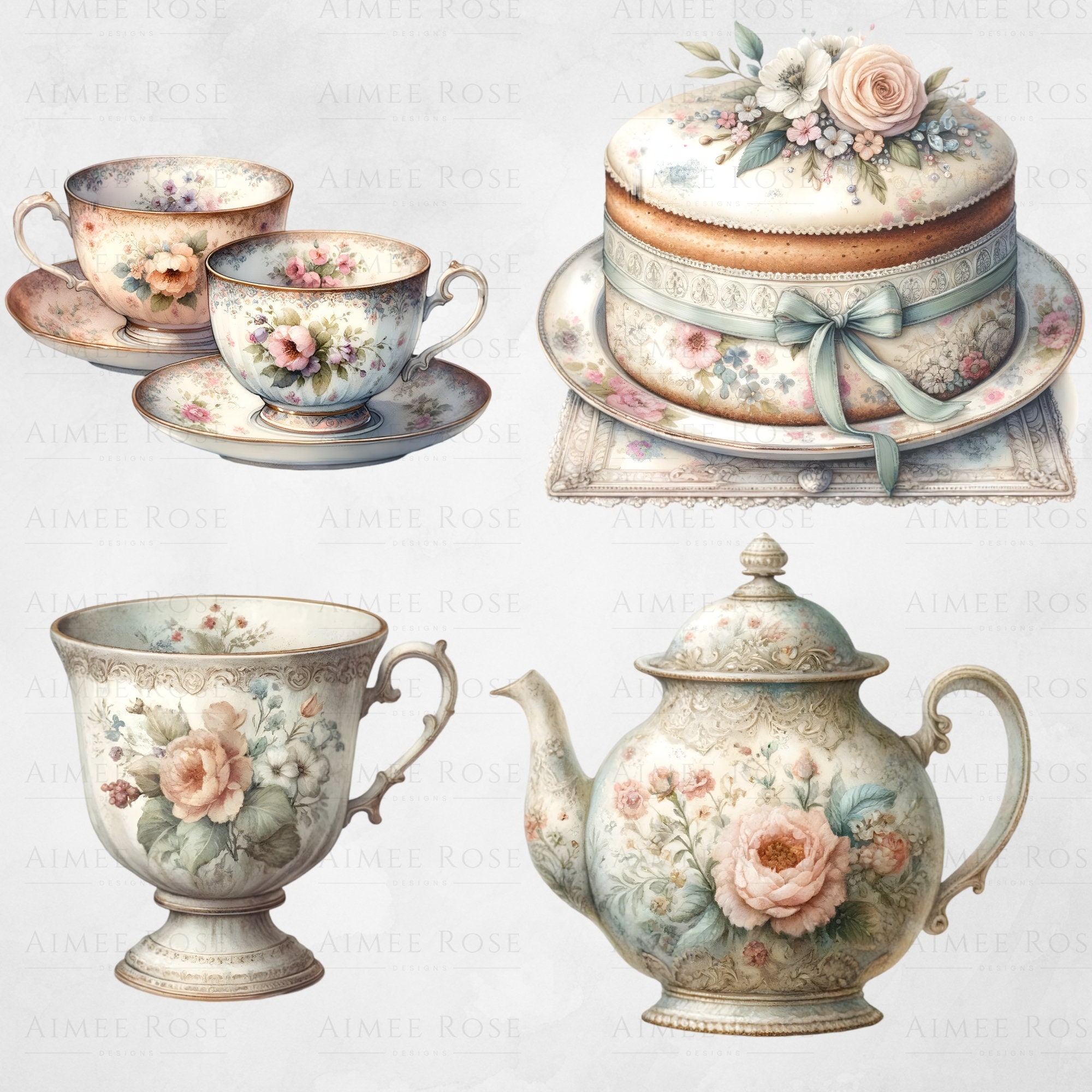 17 Shabby Chic Afternoon Tea Clipart Set Vintage Floral Tea Party PNG ...
