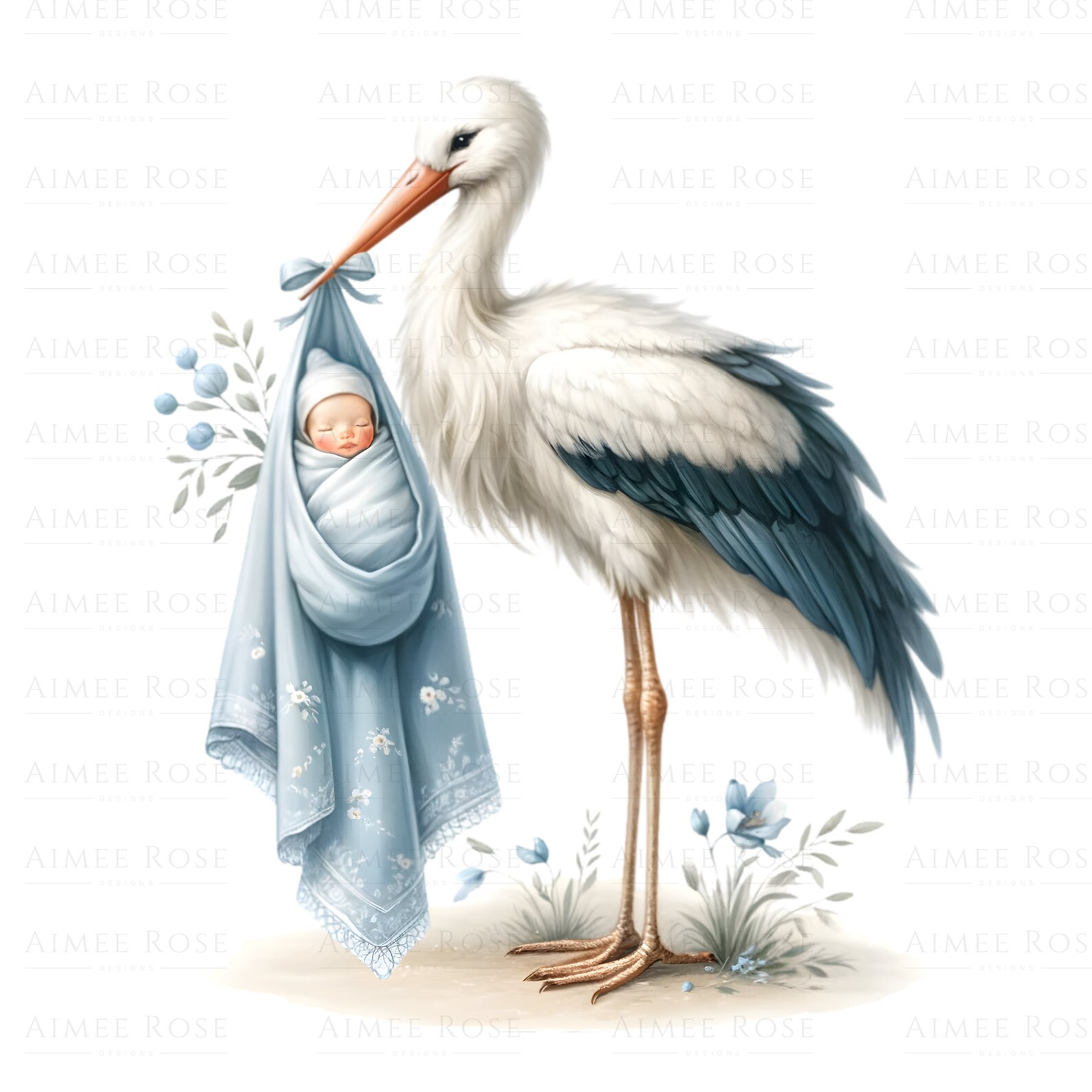 Stork Carrying Baby Boy Clipart - Blue Newborn Illustration, Baby ...