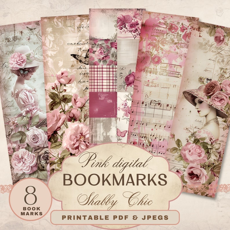 Pink Shabby Chic Bookmarks - Digital Printable Junk Journal Ephemera ...