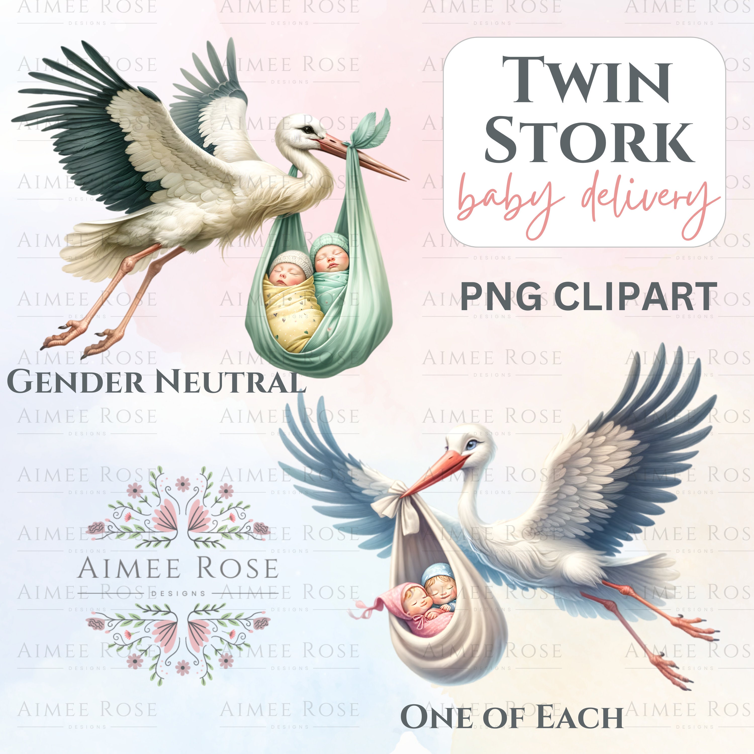 Twin Baby Stork Clipart, High Quality PNG. Nursery Art, Card Making ...