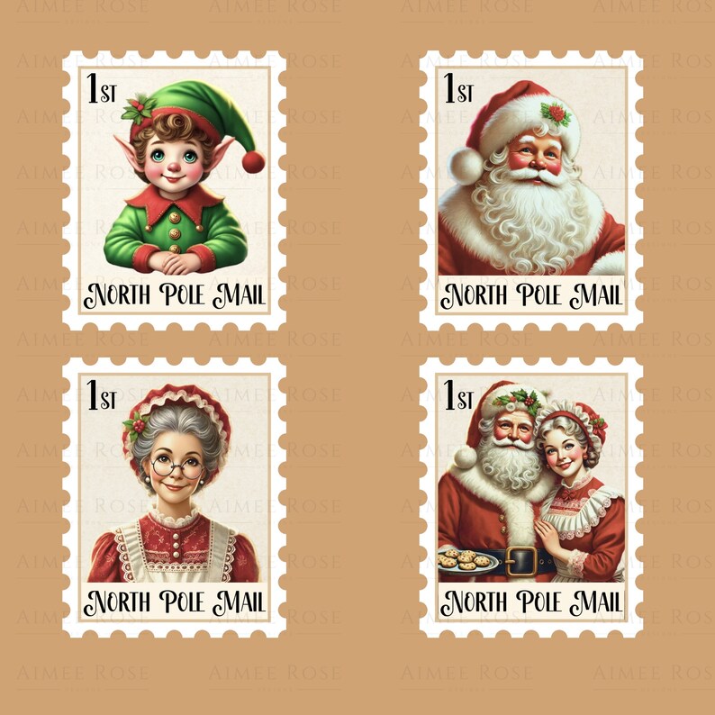 Digital Christmas Postage Stamps PNG - Santa Claus, Mrs Claus, Elves ...