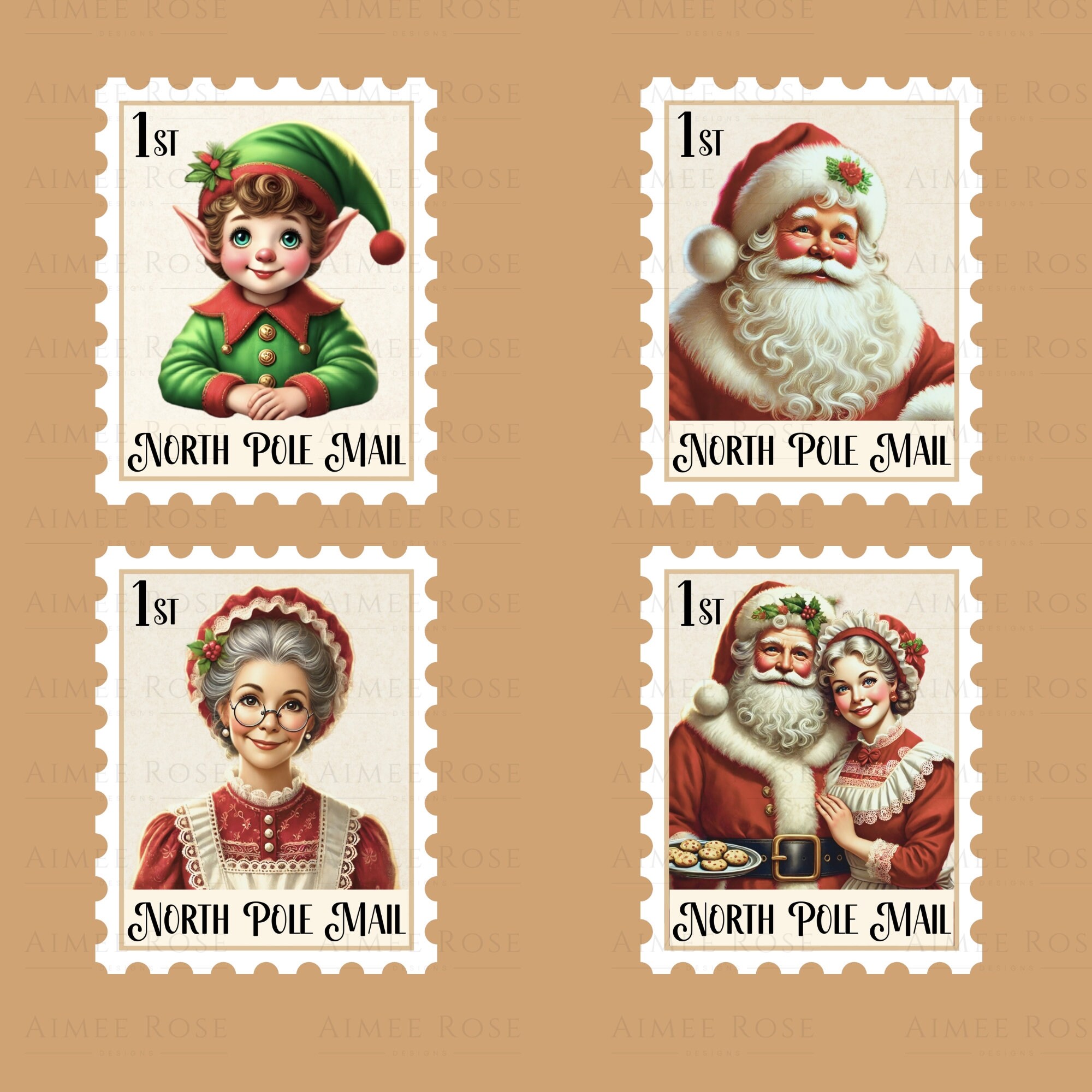 Digital Christmas Postage Stamps PNG - Santa Claus, Mrs Claus, Elves ...