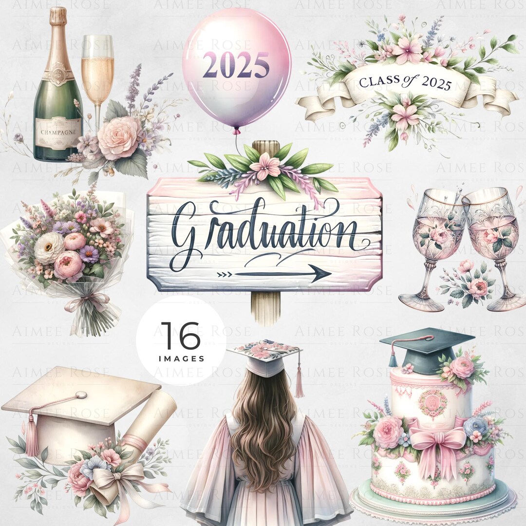 2025 Shabby Chic Graduation Clipart Pack | Class of 2025 | Watercolour ...