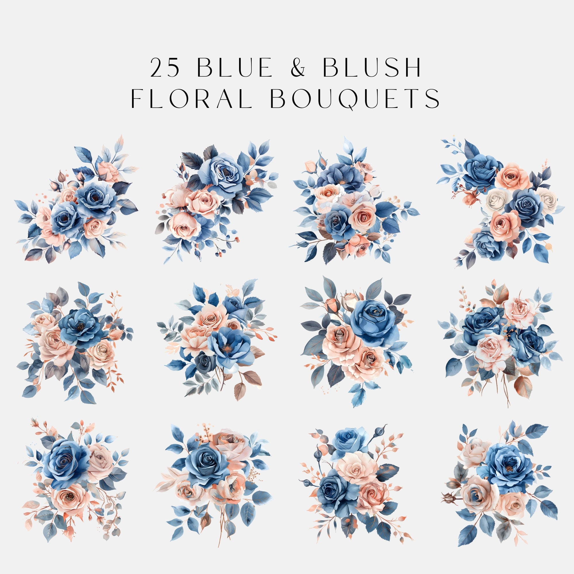 Blue and Blush Floral Clipart | 25 Bouquets | 6 Digital Papers | Colour ...