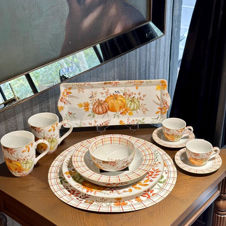 Fall Pumpkin 24 Pieces 6 Person Dinnerware Set, Thanksgiving Dinnerware ...