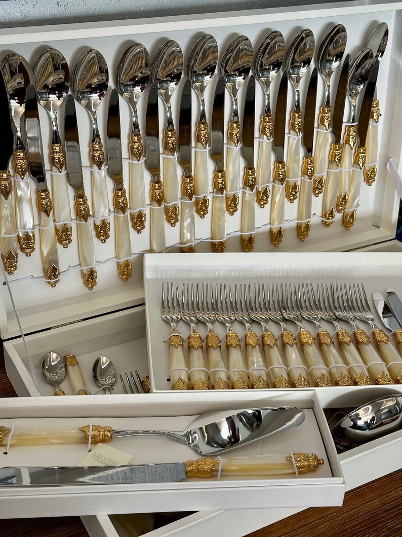 75 Pcs 12 Person Pearly Cutlery Dinnerware Cutlery Set, Gold Tableware ...