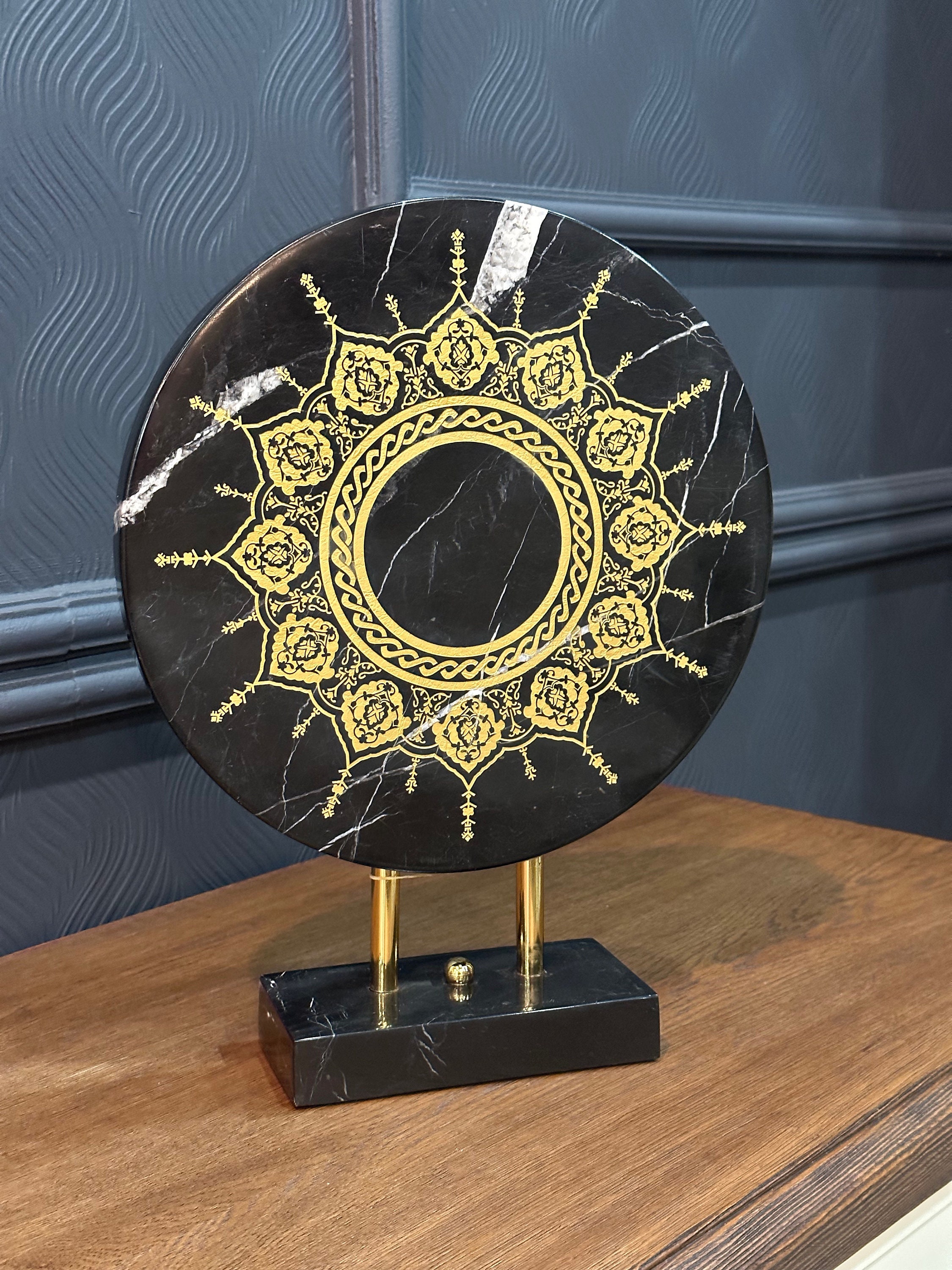 Marble Art Object, Gold Patterned Marble Disc , Black Marble Decor ...