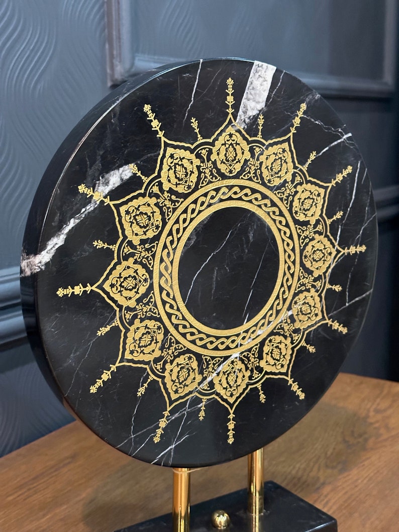 Marble Art Object, Gold Patterned Marble Disc , Black Marble Decor ...