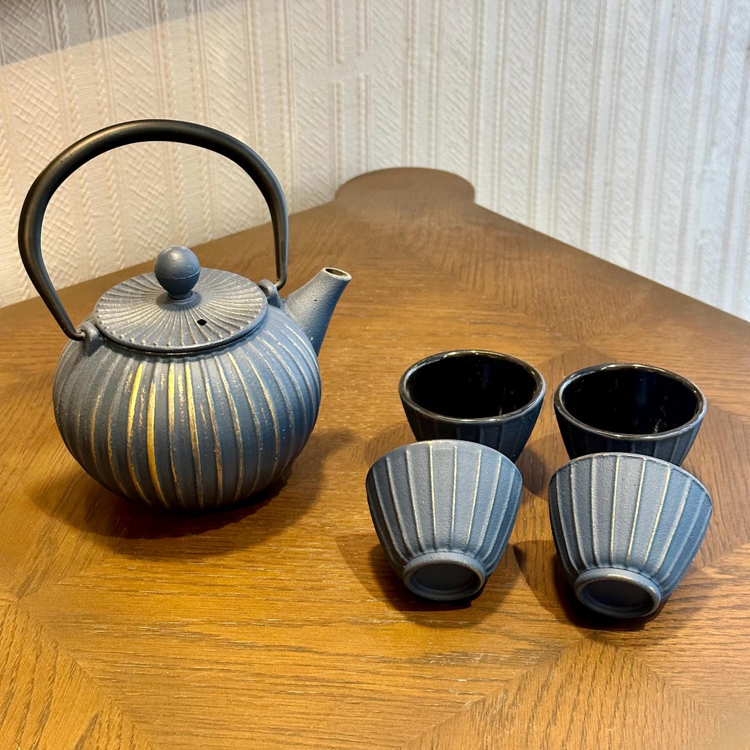 Japanese Style Cast Iron Teapot Set With 4 Cups – Blue Textured Tea Set ...
