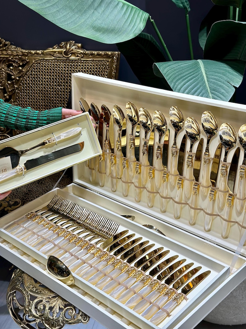 75 Pcs 12 Person Ivory Gold Dinnerware Cutlery Set, Gold Tableware Set ...