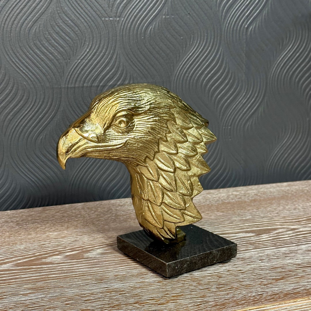 XL Brass Eagle Head Statue, Gold Eagle Sculpture, Marble Base Gold ...