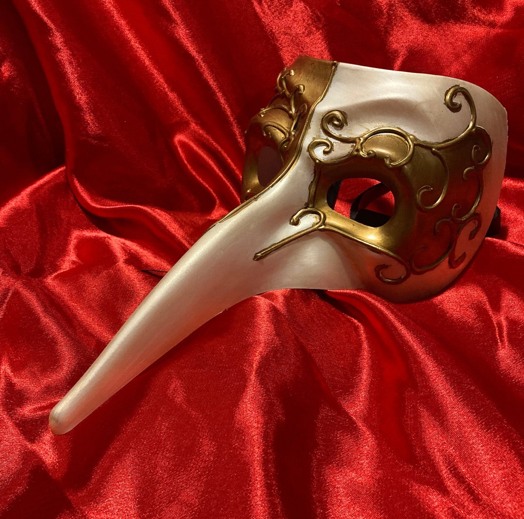 Scaramouche Masquerade Mask Ivory & Gold Coloured Hand Long Nose Mens ...