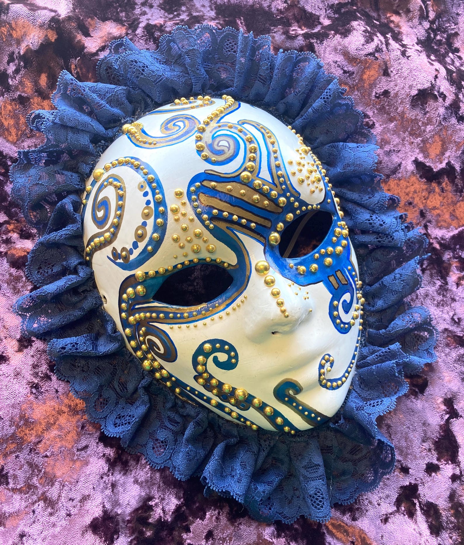 Blue & White Handmade Venetian Style Masquerade Mask With Ruffle ...