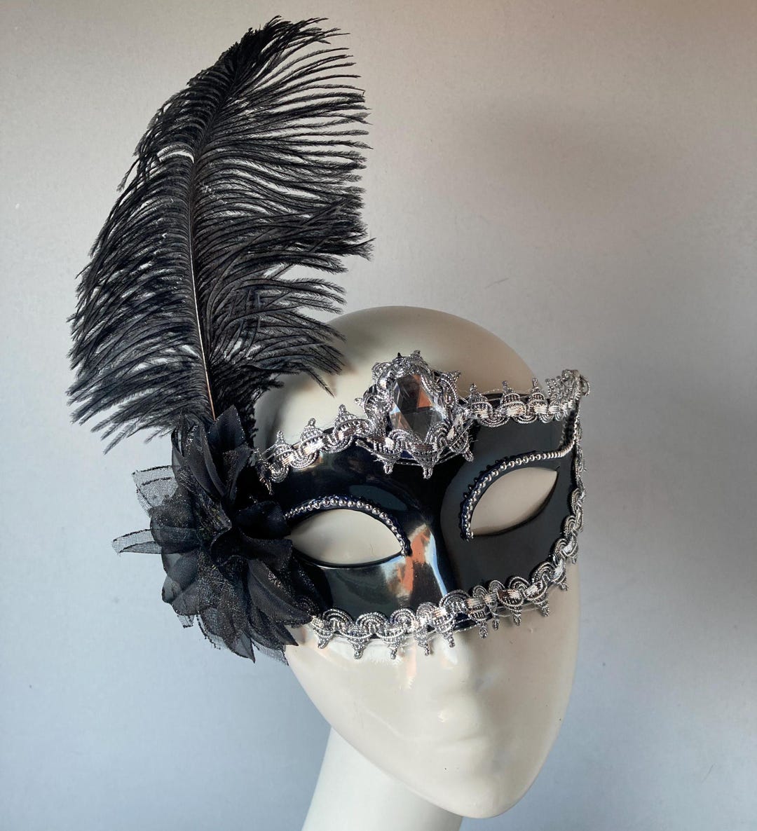 Black Feather Masquerade Mask With Large Diamante Detail - Etsy